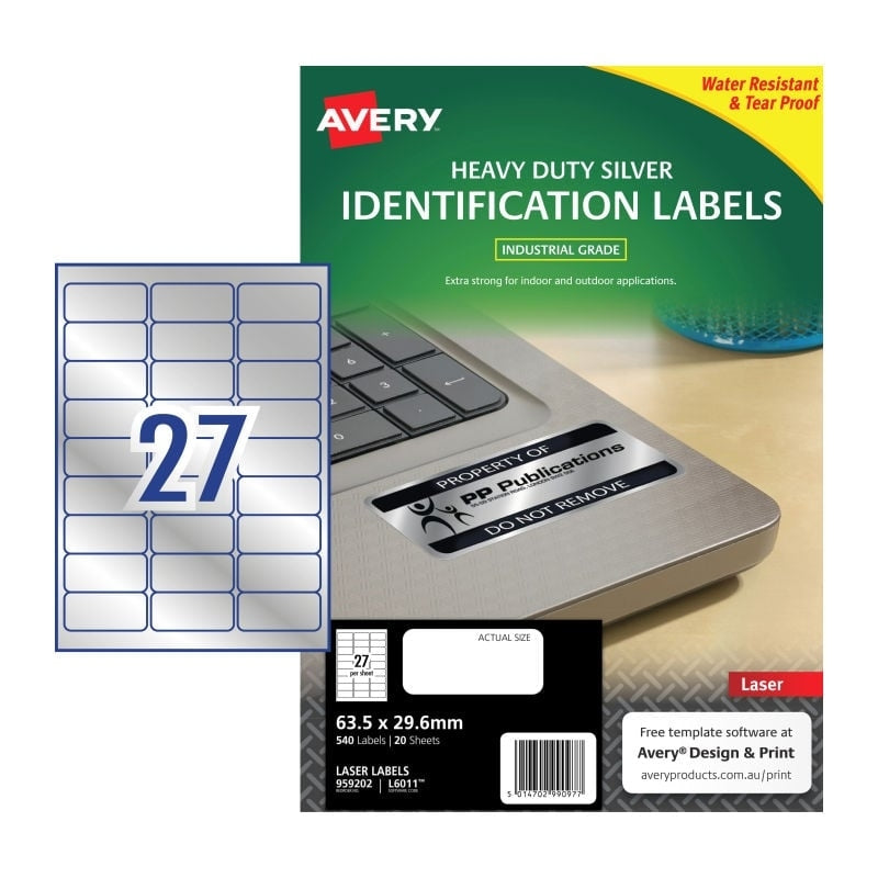 Avery #959202 Silver Heavy Duty Identification Laser Labels 27UP 63.5