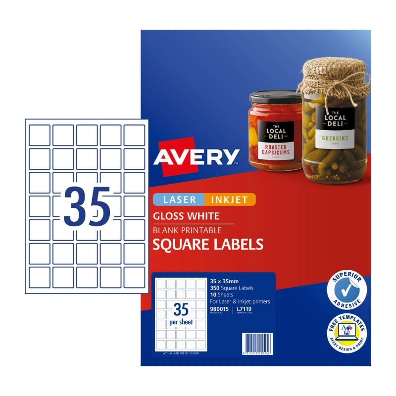 Avery #980015 White Glossy Laser Inkjet Square Labels 35UP 35 x 35mm