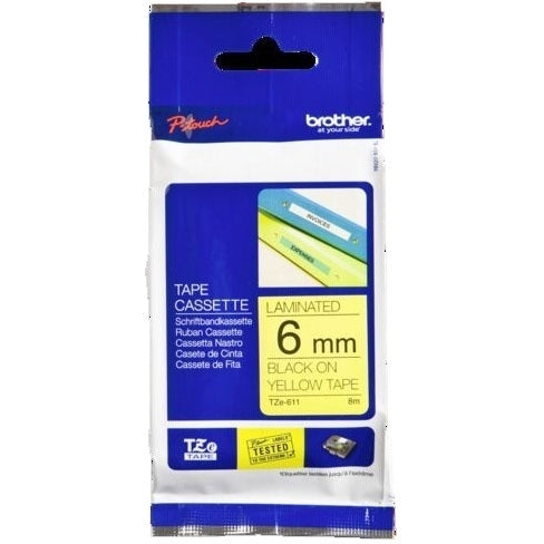 5 x Brother TZe-611 TZe611 Original 6mm Black Text on Yellow Laminated