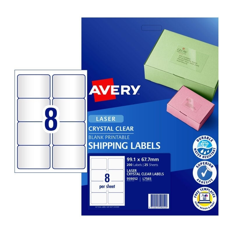 Avery #959052 Crystal Clear Laser Shipping Labels 8UP 99.1 x 67.7mm