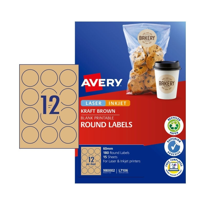 Avery #980002 Kraft Brown Laser Inkjet Round Labels 12UP 60mm - (180 L